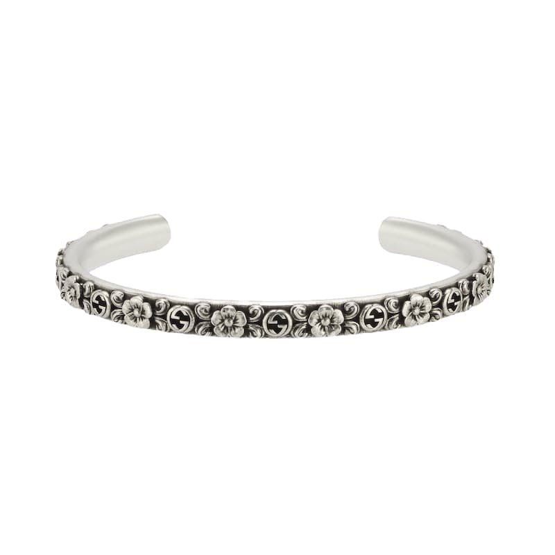 Double G Interlocking G Cuff With Flowers Bracelet
